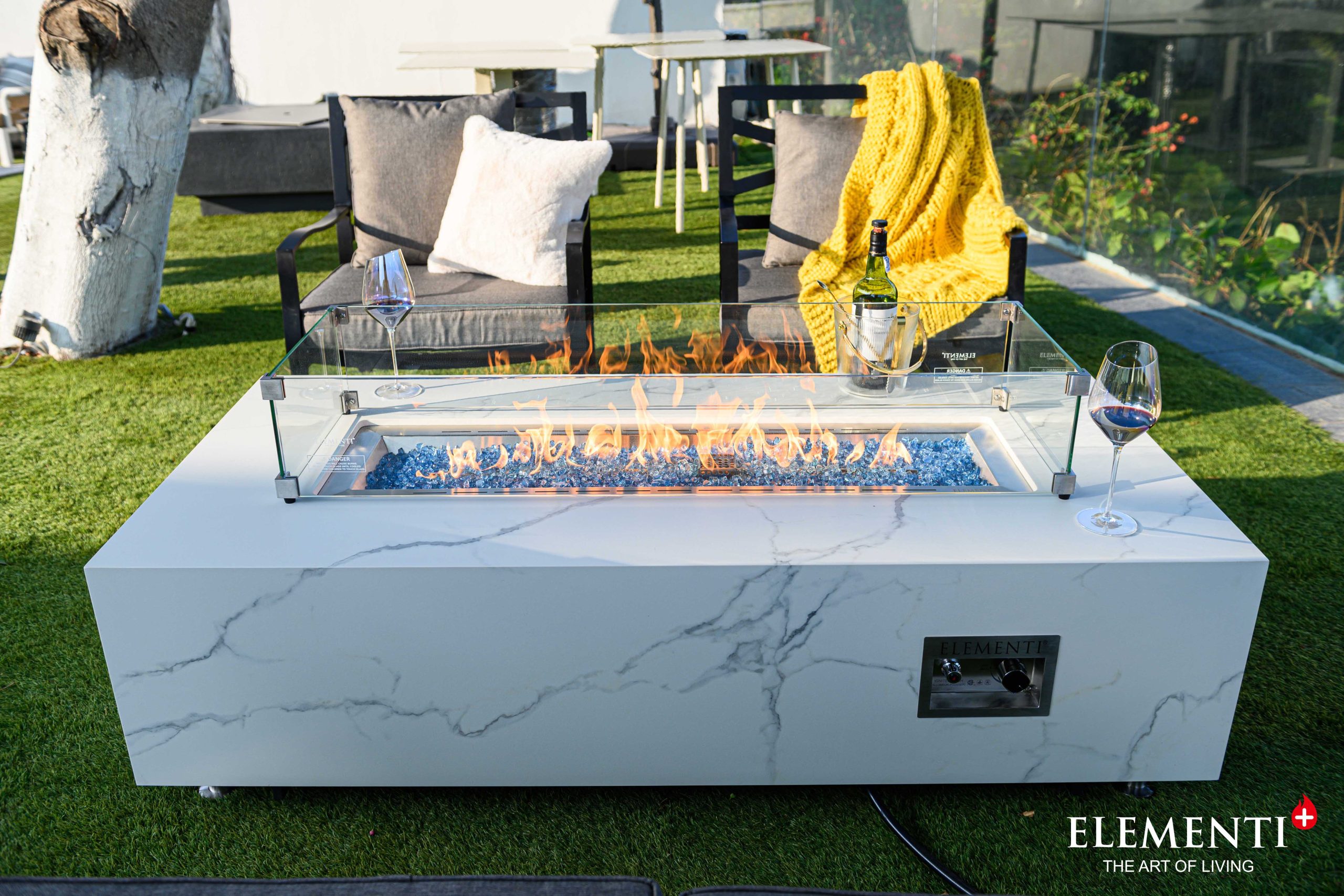 ELEMENTI PLUS CARRARA Marble Porcelain Fire Table OFP121BW - ELEMENTI
